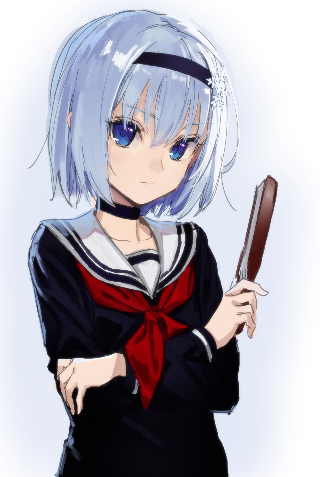 Safebooru - 1girl black hairband black serafuku black shirt blue eyes choker collarbone crossed ...